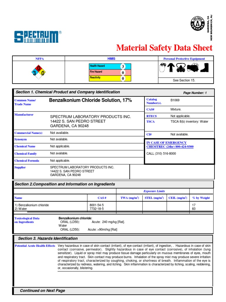 Benzalkonium Chloride Solution, 17% MSDS - Revision 09-09-08 | PDF | Toxicity | Solubility