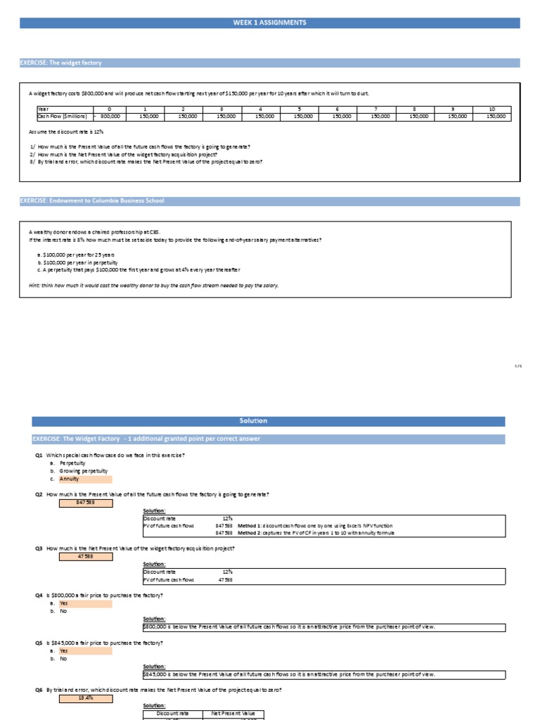 Week 6 - Widget Factory Solution | PDF | Present Value | Net Present Value