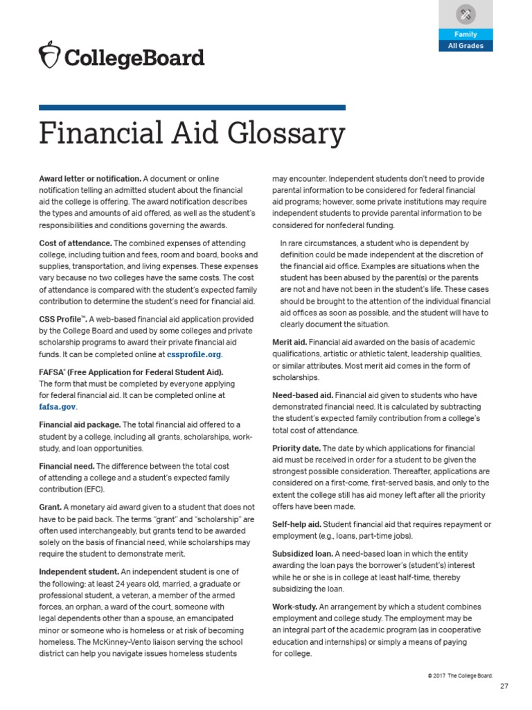 Financial Aid Glossary | PDF | Students | Education Finance