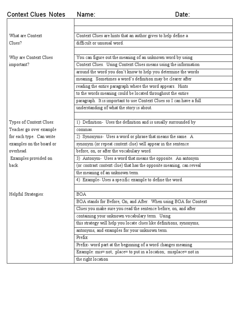 Context Clues Notes Name: Date | PDF | Word | Language Mechanics