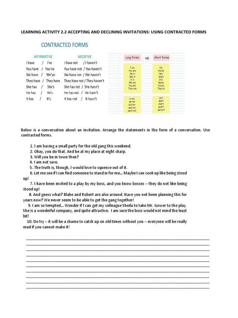 Learning Activity 2.2 Accepting and Declining Invitations: Using ...