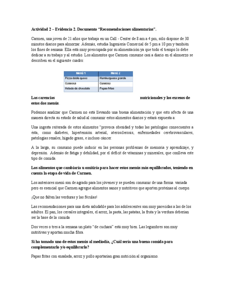 Evidencia 2. Documento "Recomendaciones Alimentarias". | Descargar gratis PDF | Dieta | Alimentos
