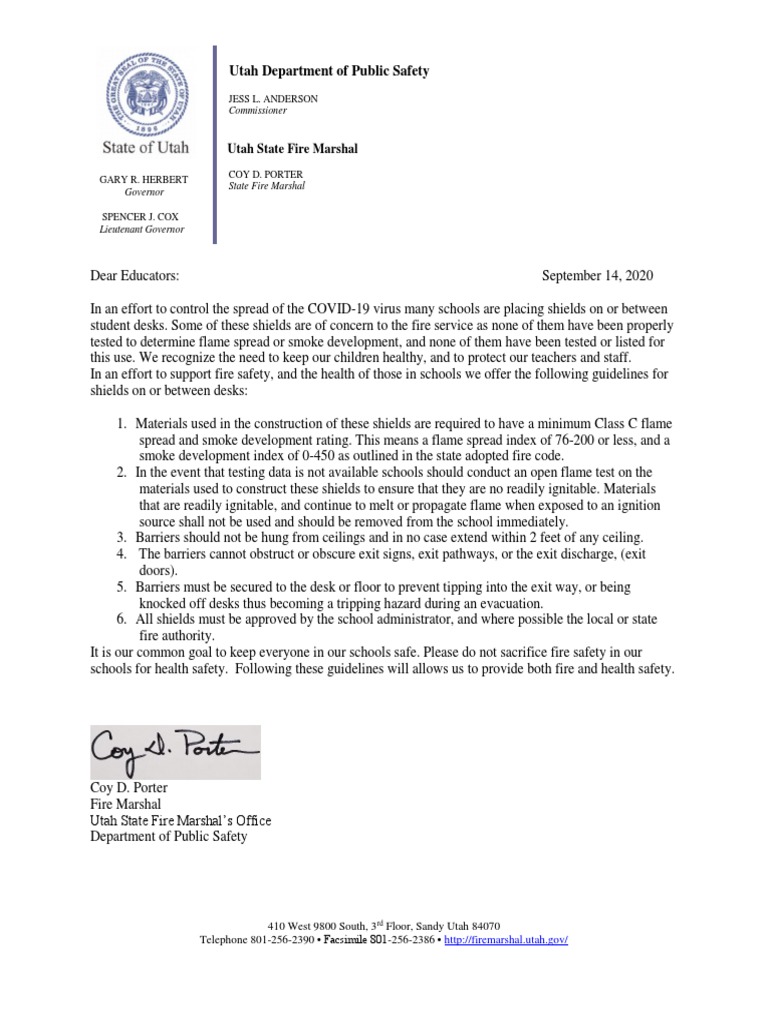 Desk Shield Letter From Fire Marshal | PDF | Fire Safety | Fires