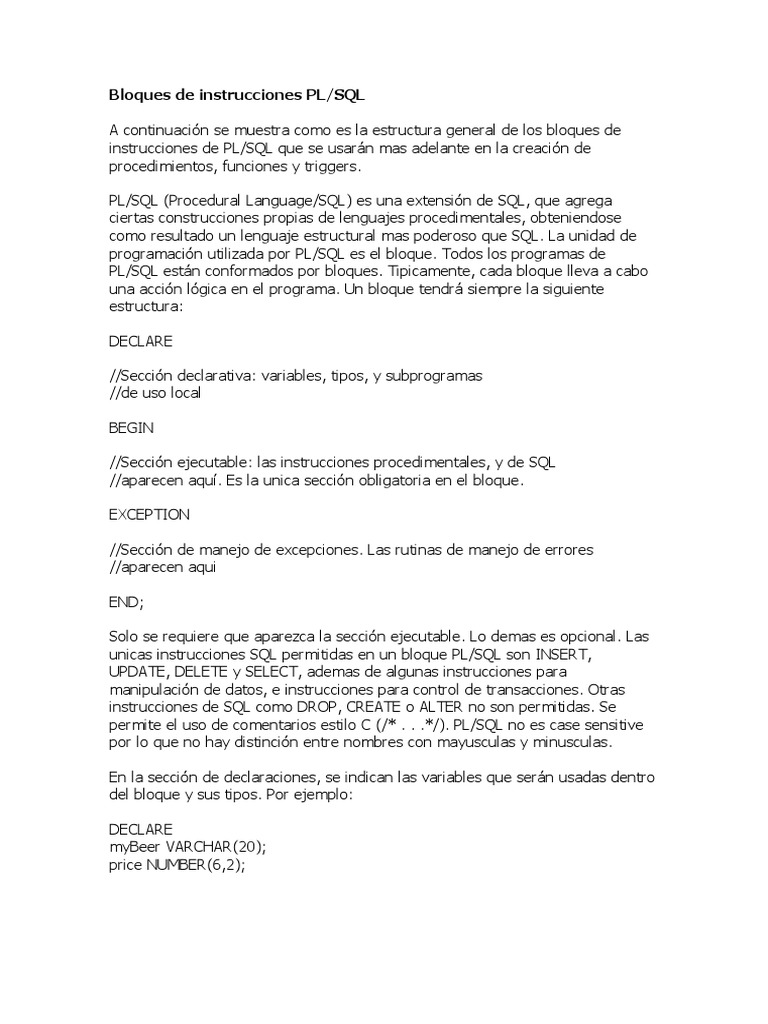 Bloques de Instrucciones PLSQL | PDF | Pl / Sql | SQL