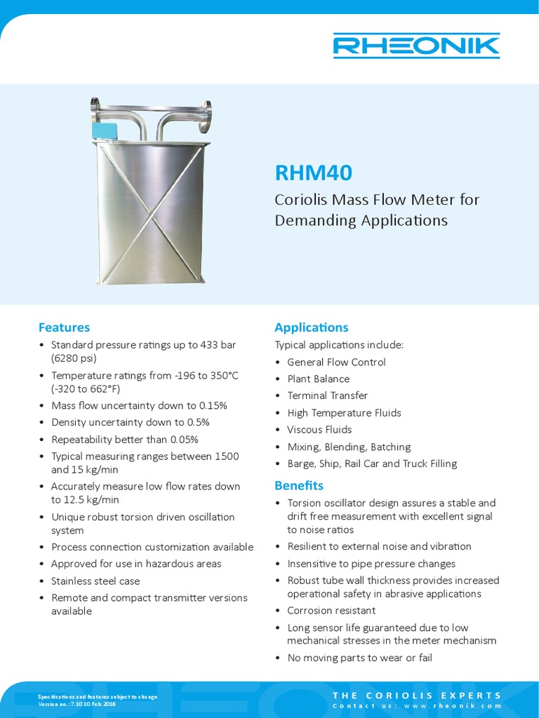 Rheonik Coriolis RHM40 Datasheet | PDF | Flow Measurement | Calibration