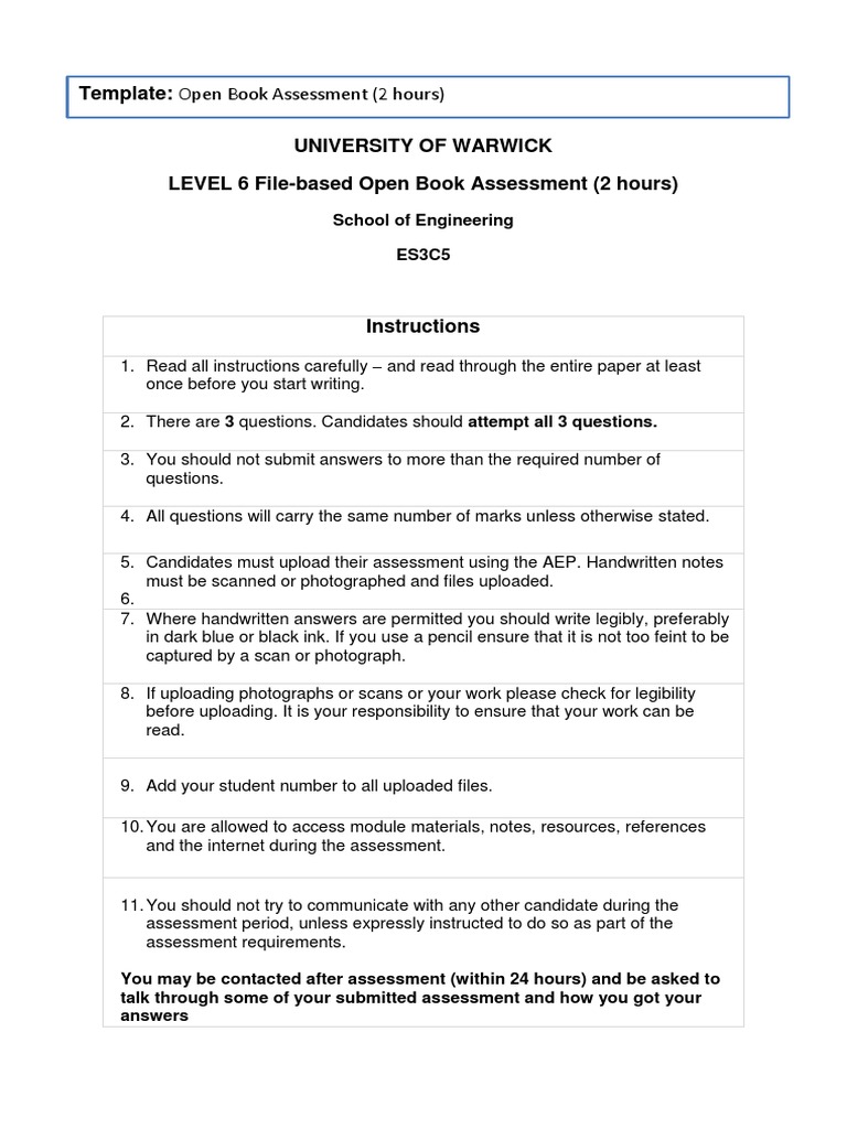 Open Book Assessment (2 Hours) : Template | PDF | Learning | Test ...