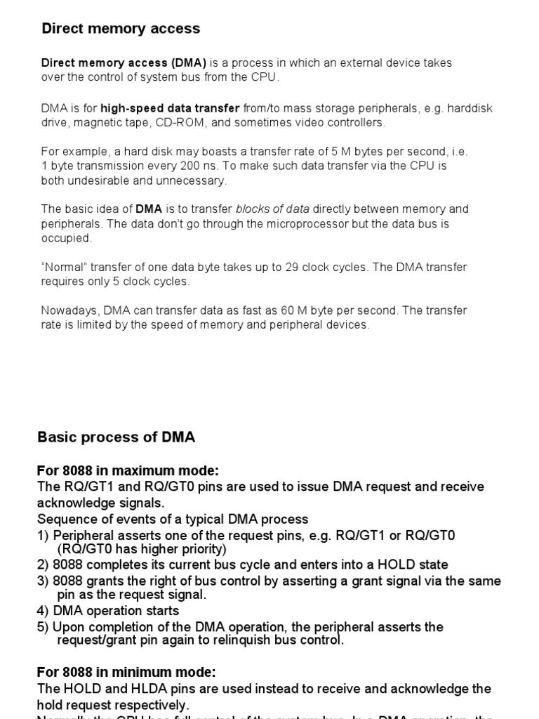 Direct Memory Access: Direct Memory Access (DMA) Is A Process in Which An External Device Takes ...
