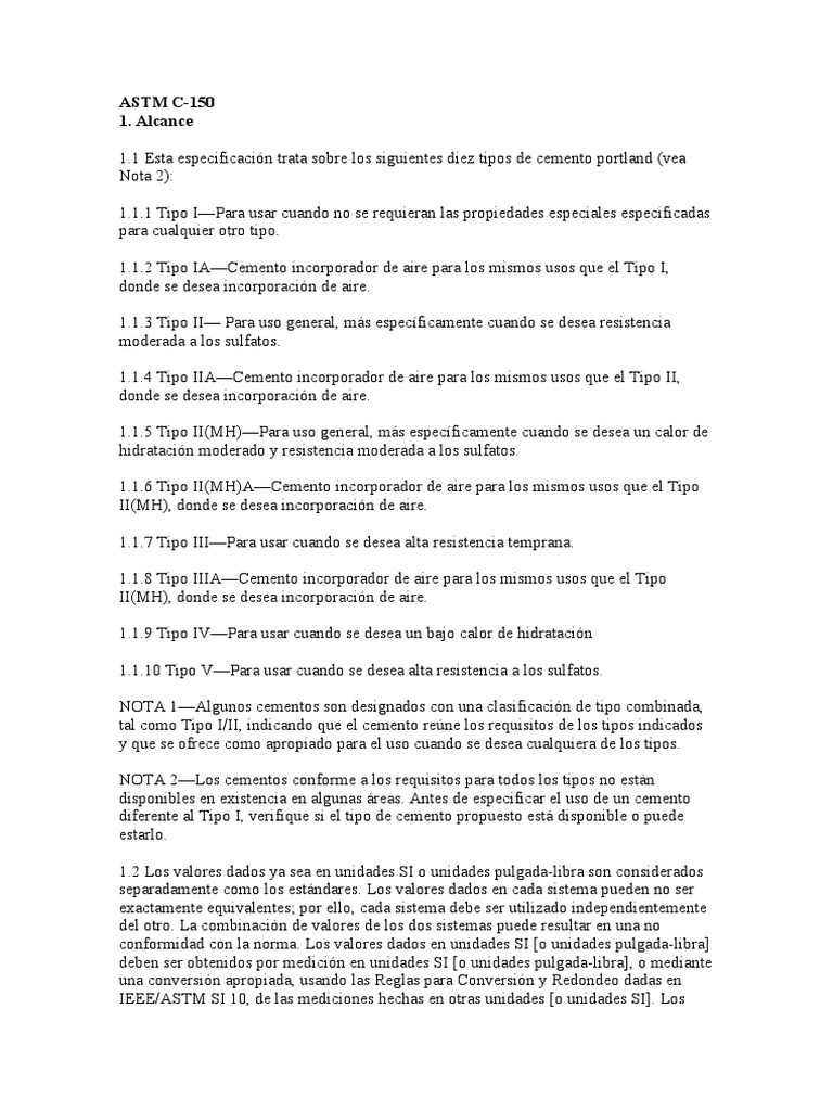 Tipos de cemento según la norma ASTM C-150 y sus aplicaciones | PDF | Cemento | Hormigón