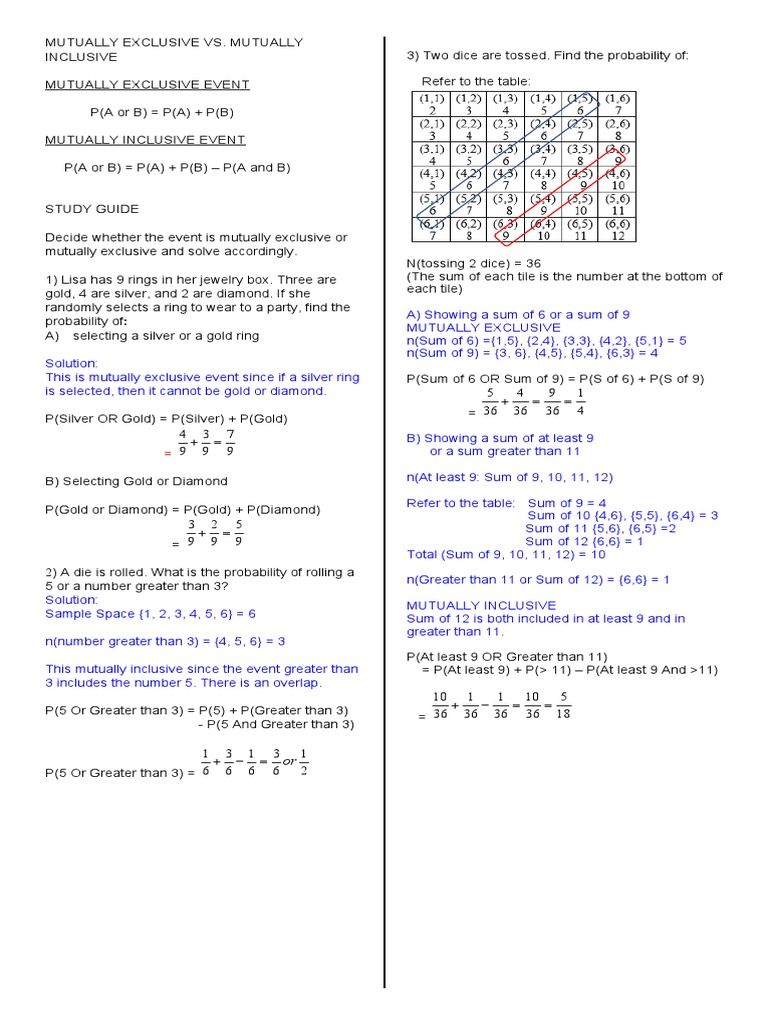 Study Guide MUTUALLY EXCLUSIVE VS INCLUSIVE | PDF | Teaching Mathematics