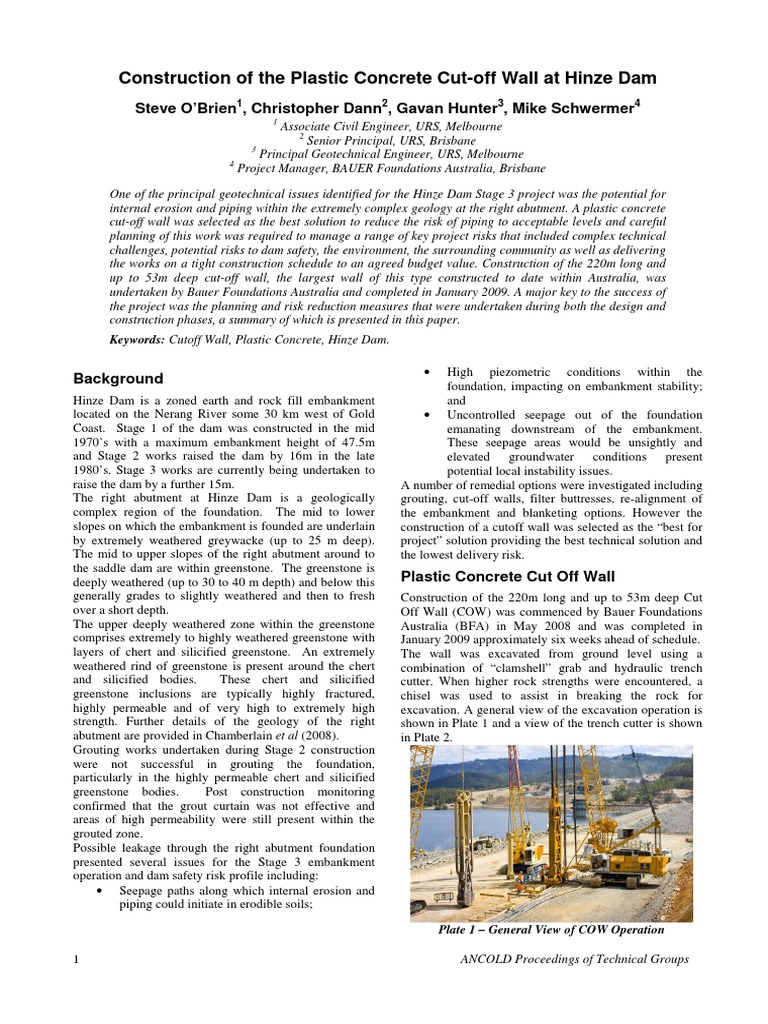 HINZE DAM - Cutoff Wall Paper 09 ANCOLD Conference | PDF | Dam | Concrete