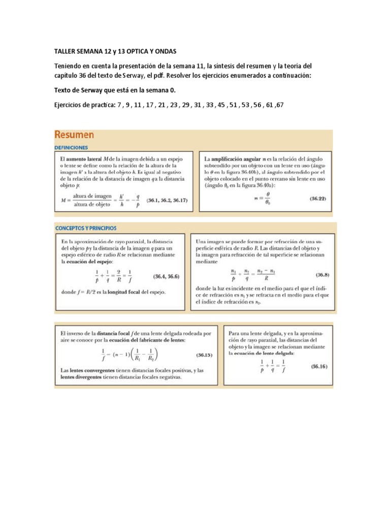 Taller Óptica y Ondas: Ejercicios Serway | PDF