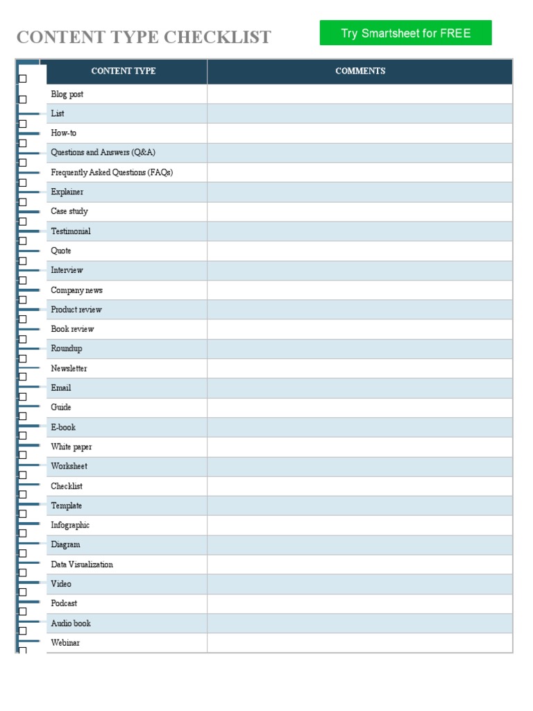 IC Content Type Checklist Template 10598 | PDF