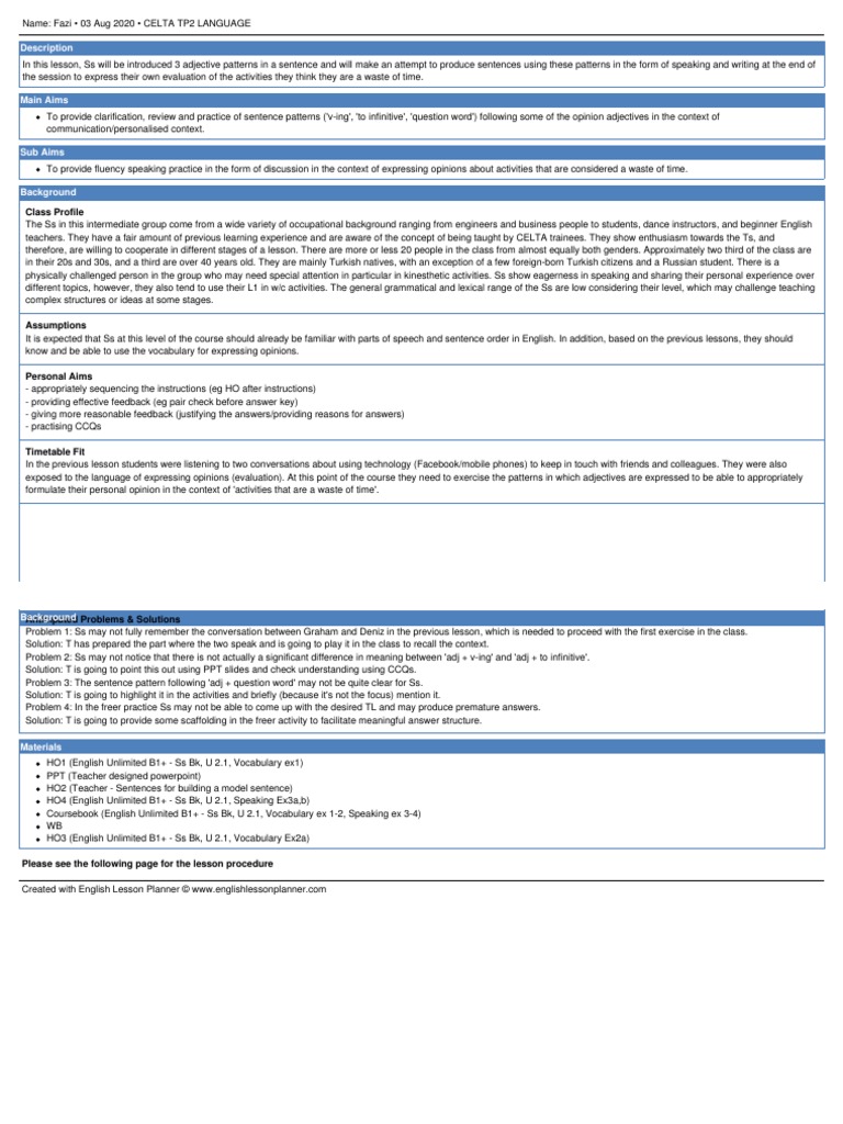LP - CELTA TP2 LANGUAGE - Fazi | PDF | English Language | Question