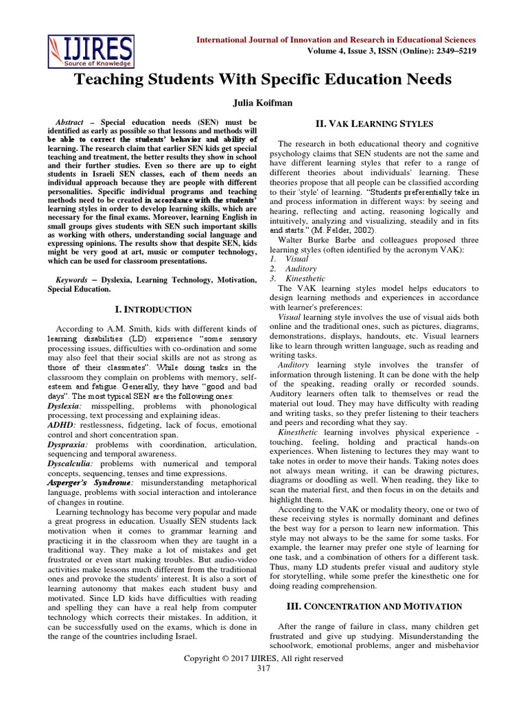 Teaching Students With Specific Education Needs: II. V L S | PDF ...