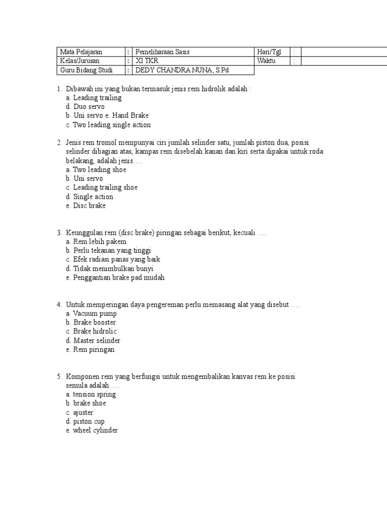 Soal Pemeliharaan Sasis | PDF