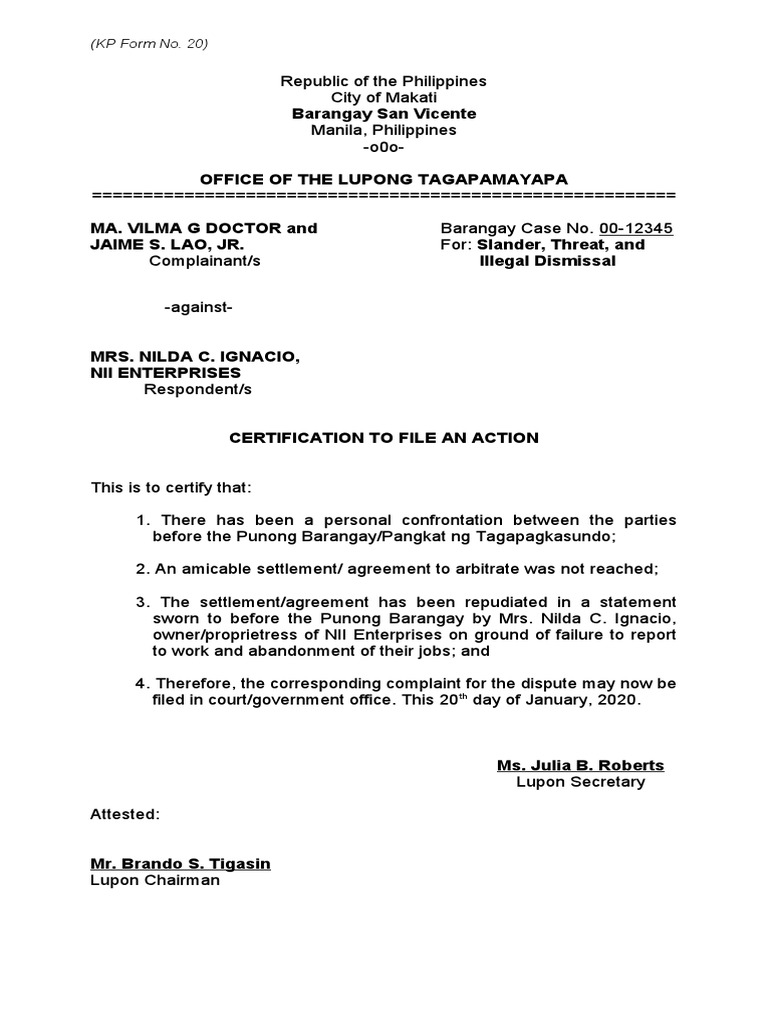 Sample Certificate-to-File-Action-Barangay-Lupon | PDF