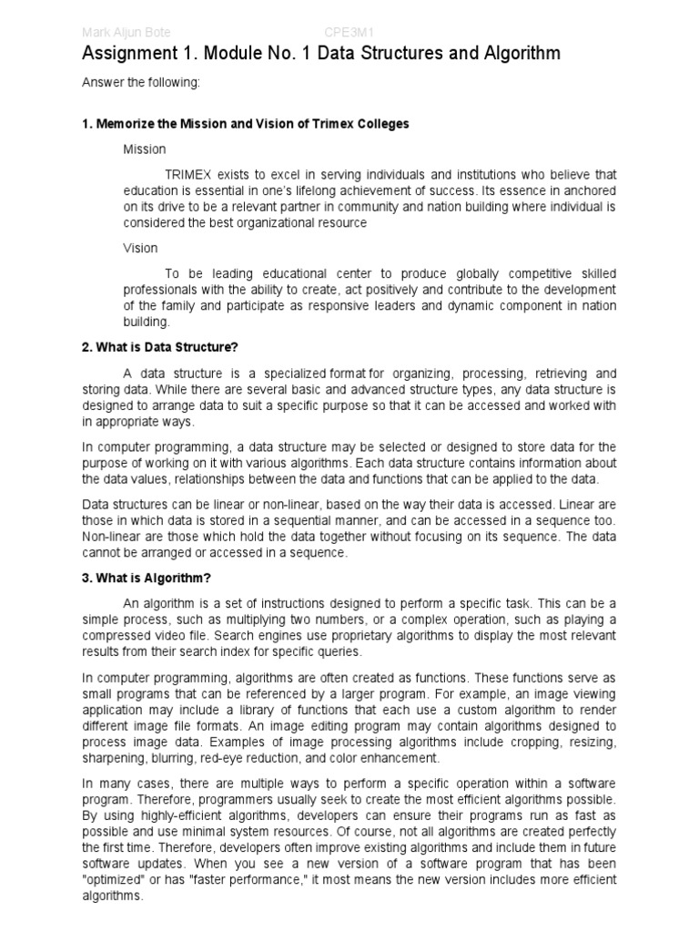 Assignment 1. Module No. 1 Data Structures and Algorithm (BOTE) | PDF ...
