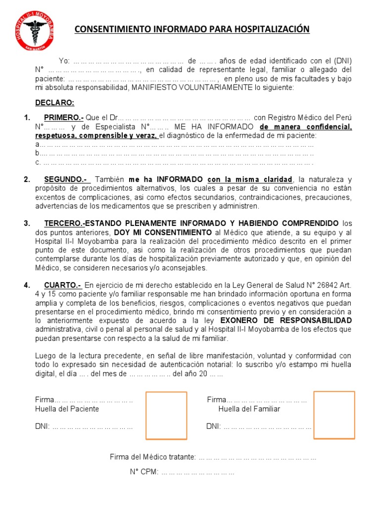 Consentimiento Informado para Hospitalización | PDF | Consentimiento ...