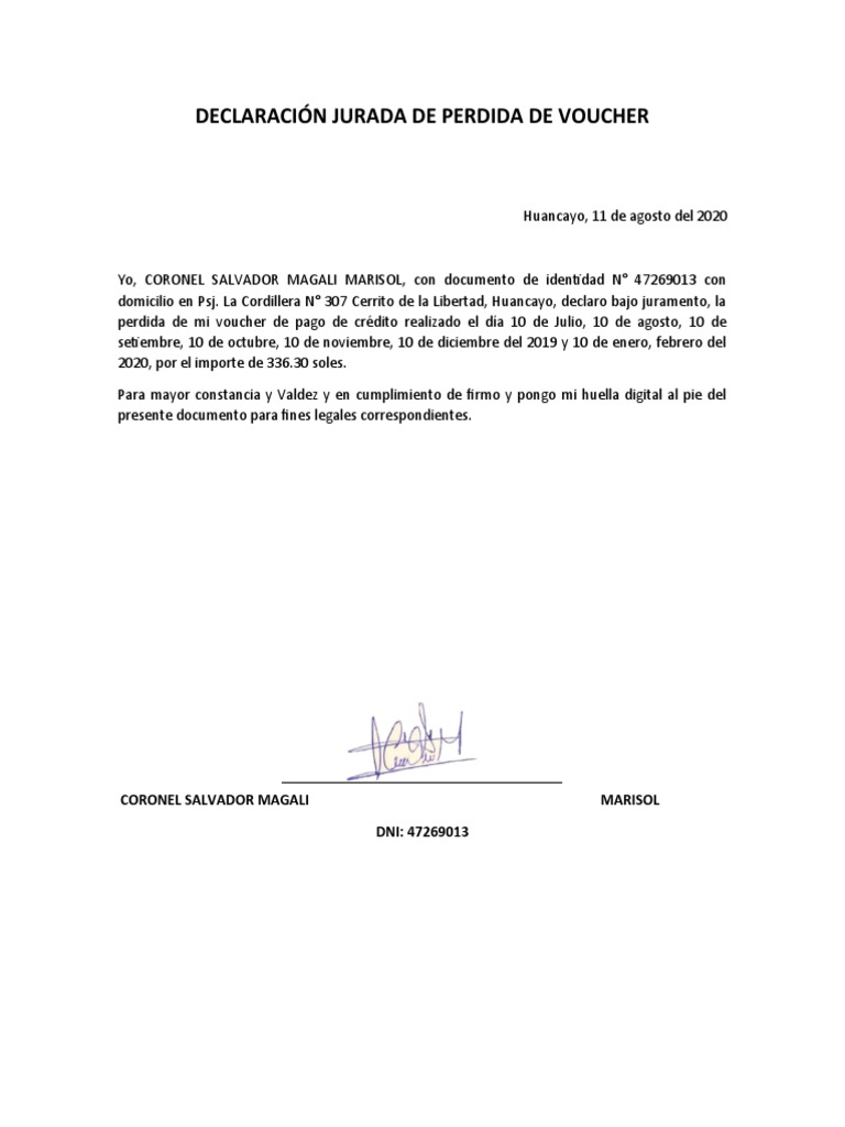 Declaración Jurada de Perdida de Voucher | PDF
