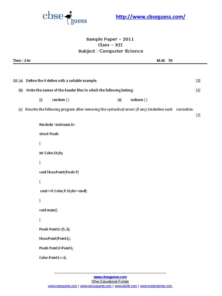 Computer Science Sample Paper 2011 Class Xii Subject Time 3 Hr Mm 70 Pdf Array Data