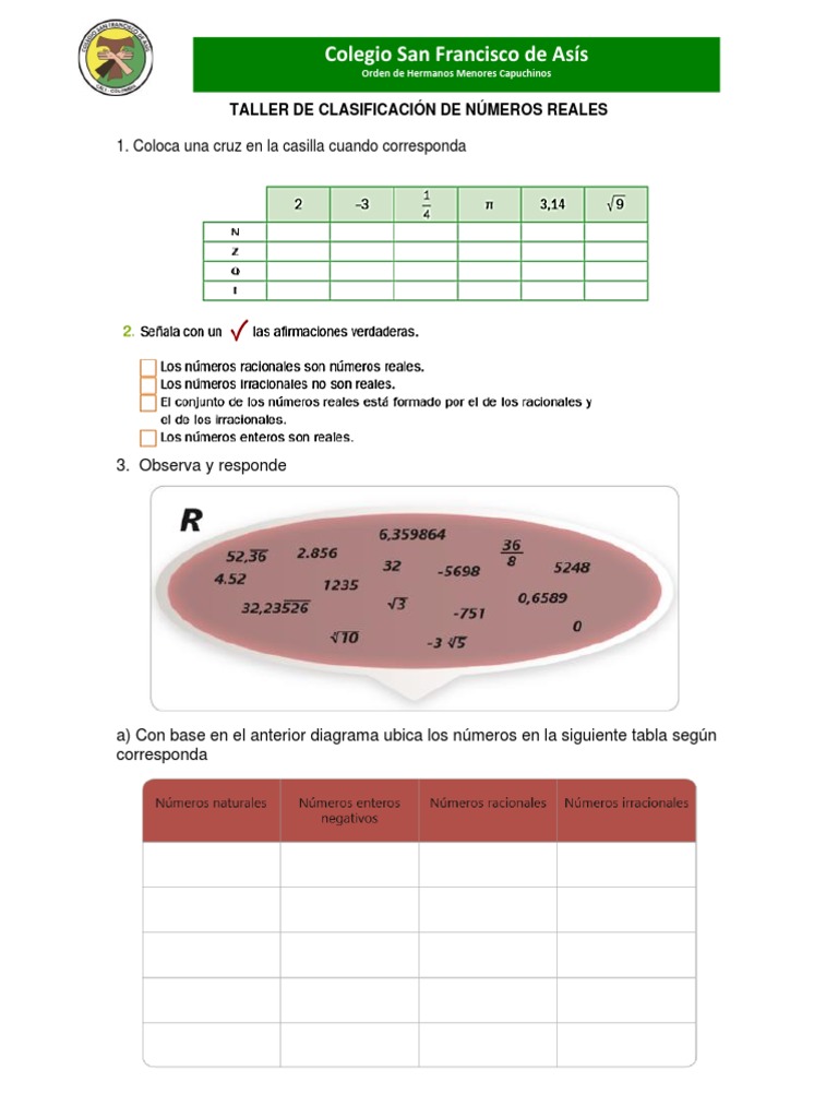 Taller de Clasificación de Números Reales | PDF | Número Real | Número ...