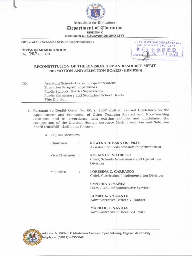 DM383s2020 - Reconstitution of The Division Human Resource Merit ...