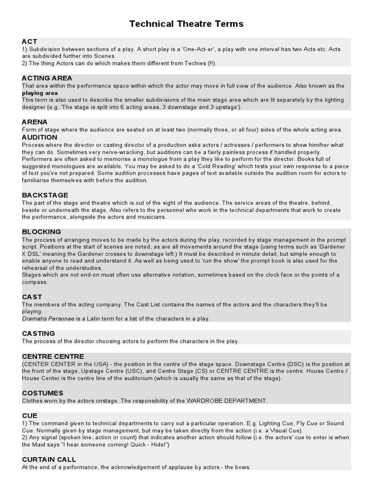 Technical Theatre Terms: Playing Area | PDF | Audition | Theatre