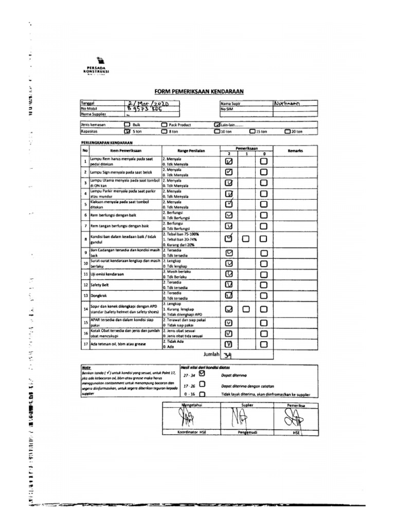 Form Pemeriksaan Kendaraan | PDF