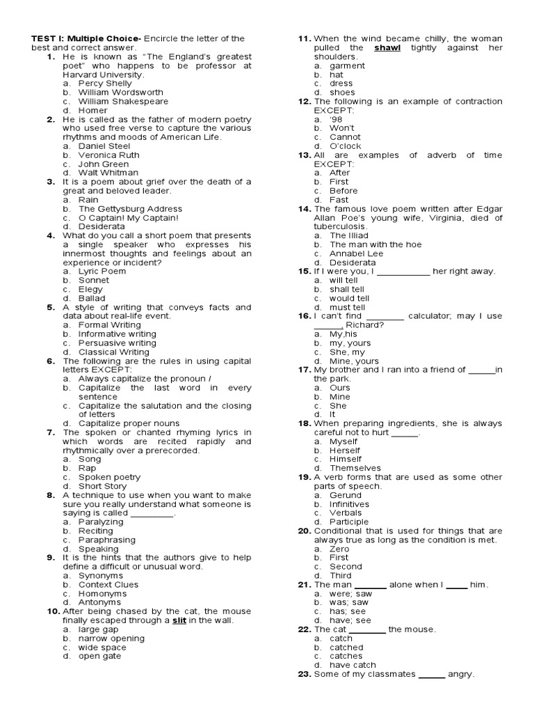 Multiple Choice and Short Answer Test Questions | PDF | Poetry | Word