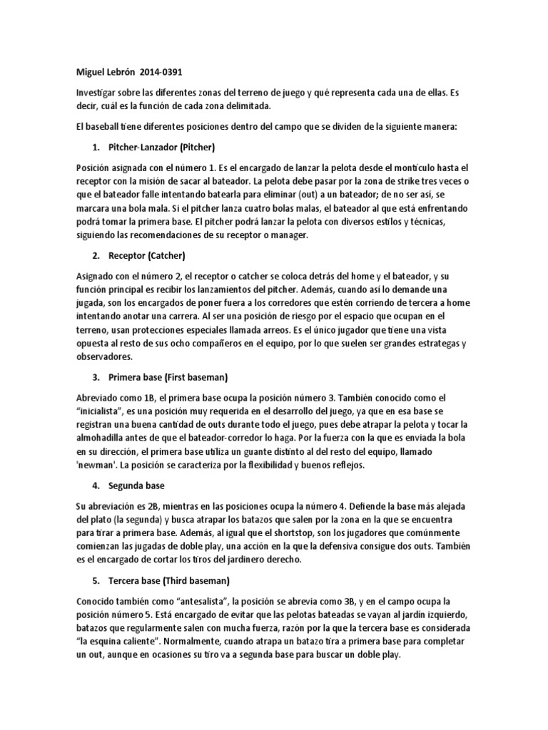 Posiciones Del Campo de Juego y Funciones en El Baseball | PDF ...