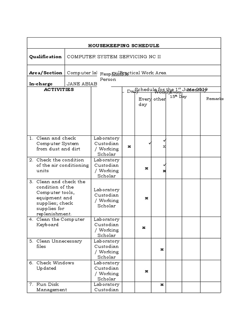 Housekeeping Schedule Qualification Computer System Servicing NC Ii ...
