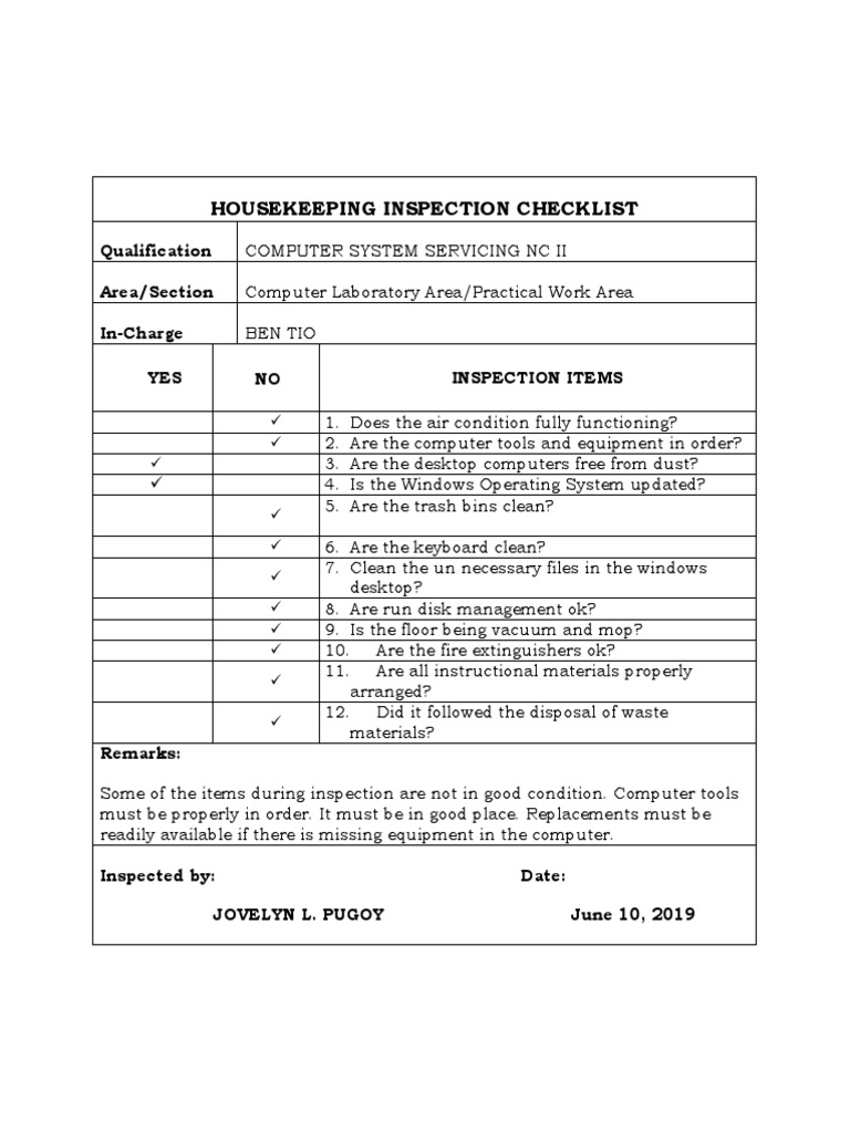 Housekeeping Inspection Checklist | PDF