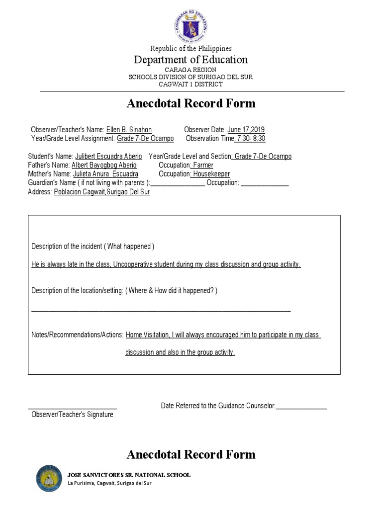 Anecdotal Record Form | PDF | School Counselor | Educational Personnel