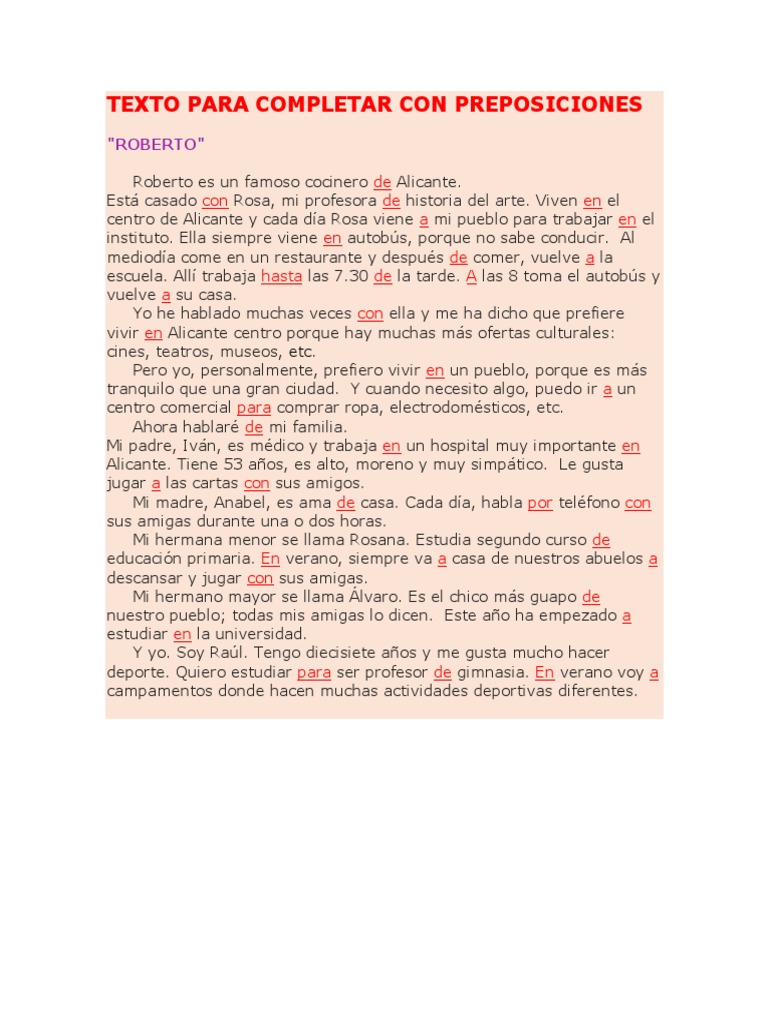 Texto para Completar Con Preposiciones PDF | PDF