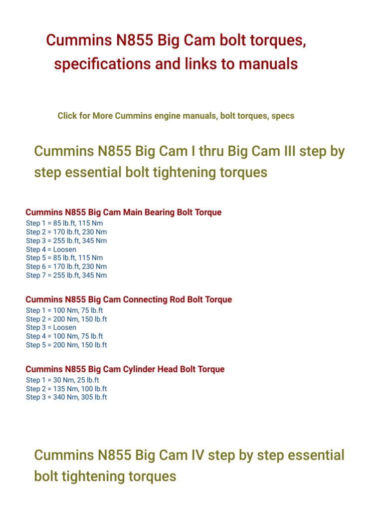 N855 Big Cam Torque Specifications | PDF | Turbocharger | Vehicle ...