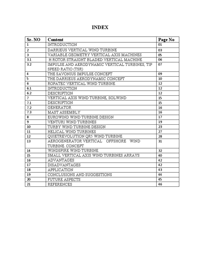 Index: Sr. NO Content Page No | Download Free PDF | Wind Turbine ...