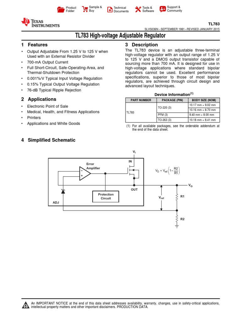 TL783 High-Voltage Adjustable Regulator: 1 Features 3 Description | PDF ...