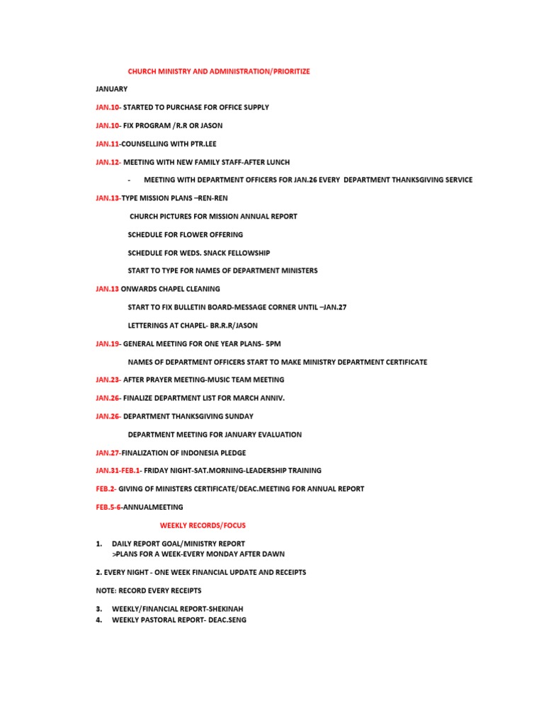 Church Ministry Administration Schedule | PDF
