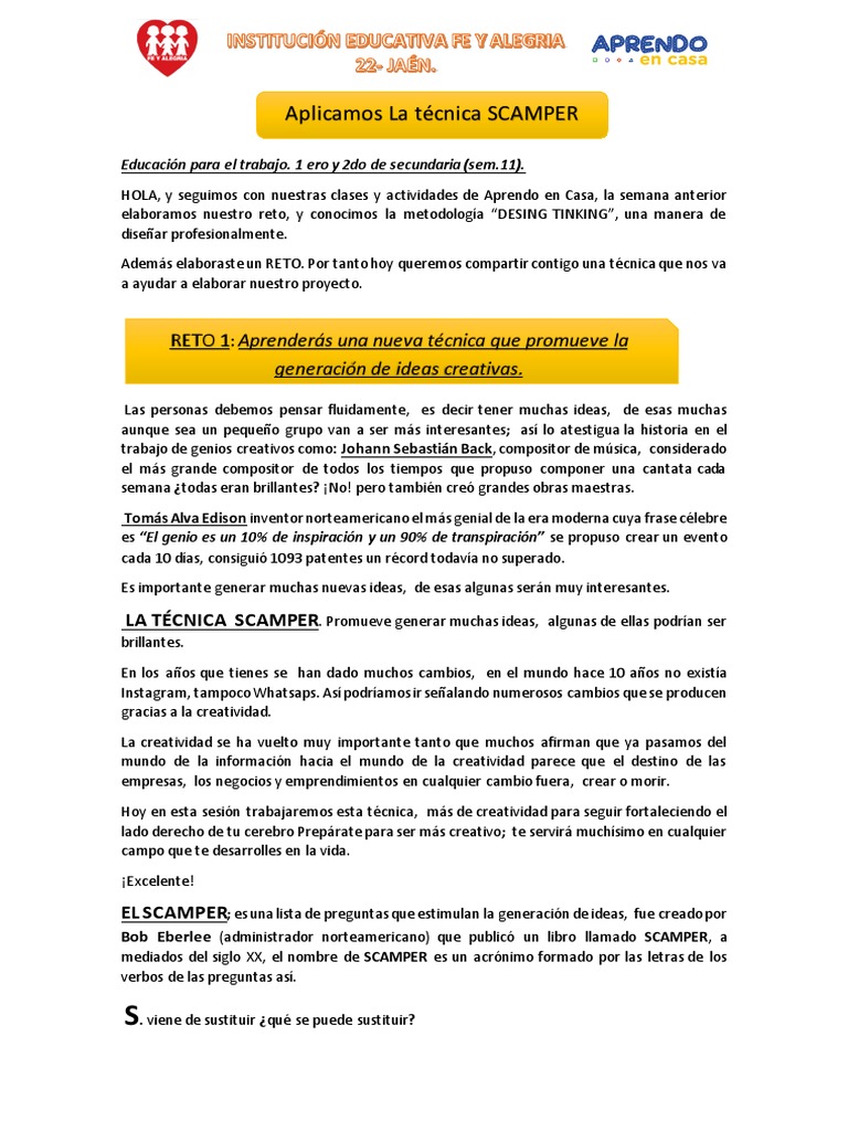 Semana 11 Tecnica Scamper Ept 1° y 2° PDF | PDF | Creatividad | Impresora (Computación)