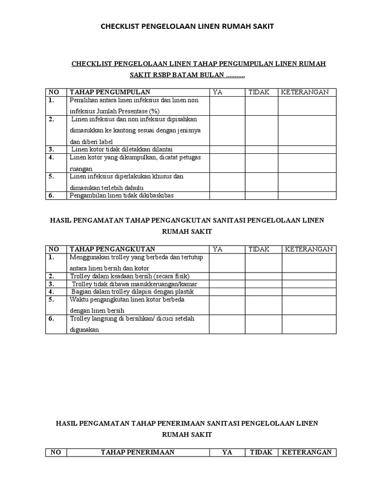 Checklist Pengelolaan Linen Rumah Sakit | PDF
