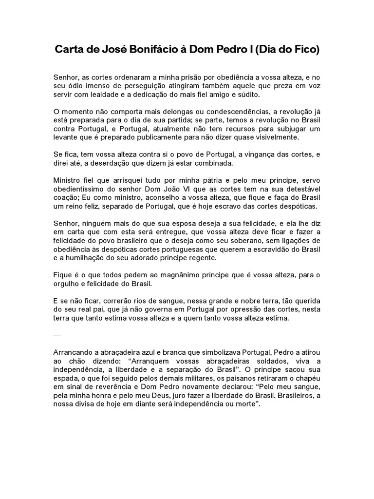 Carta de José Bonifácio À Dom Pedro I (Dia Do Fico) | PDF