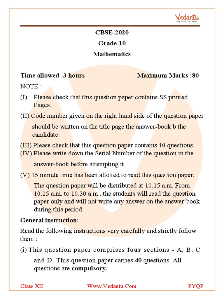 Cbse Class 10 Maths Question Paper 2020 PDF | PDF | Fraction ...
