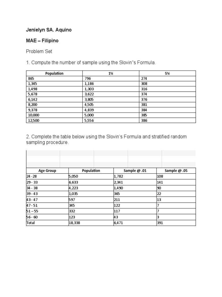 Problem Set 1. Compute The Number of Sample Using The Slovin"s Formula ...