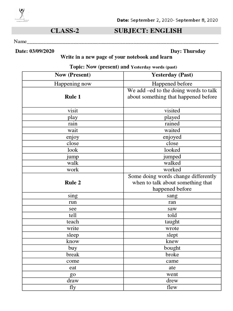 September Class 2 English (2-8 Sep) | PDF