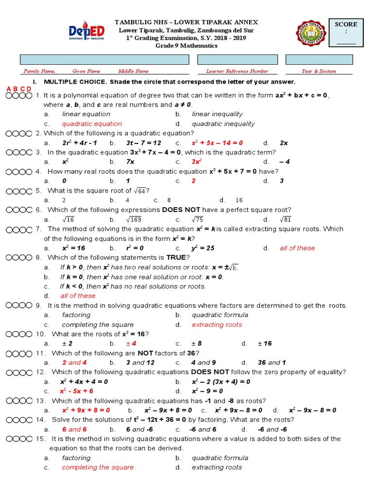 Grade 9 Math Exam 1st FINAL | PDF | Quadratic Equation | Numbers