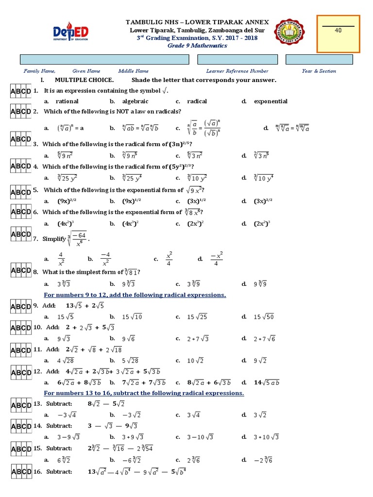 Grade 9 Math Exam 3rd | PDF | Rectangle | Convex Geometry