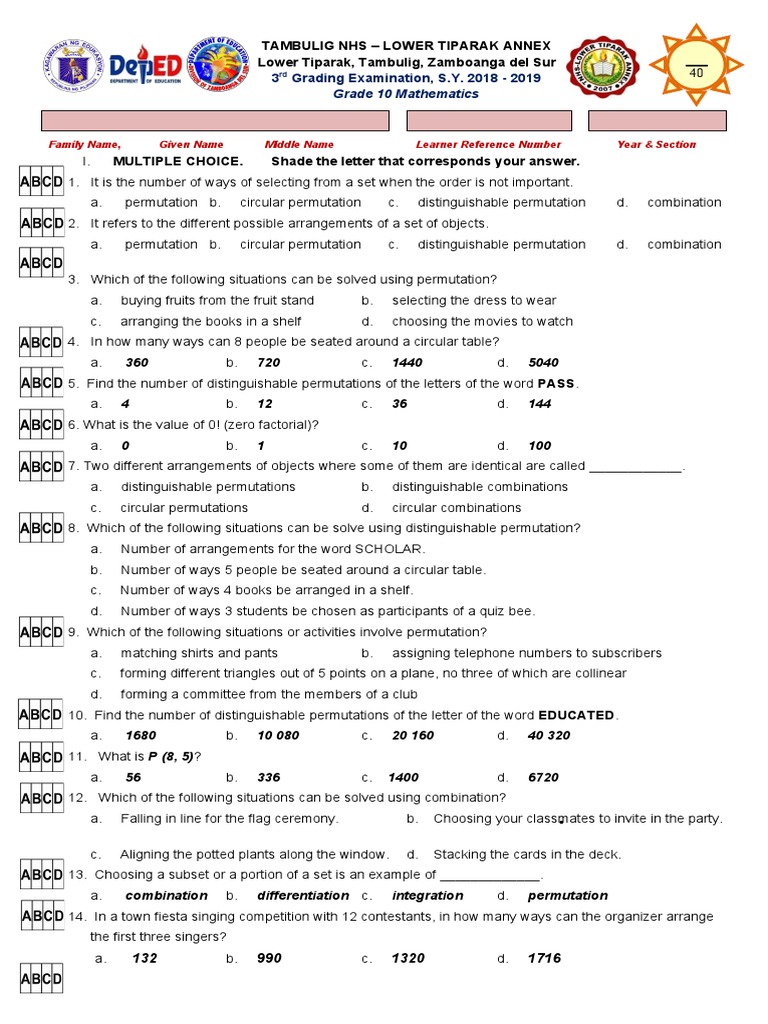 Grade 10 Math Exam 3rd FINAL | PDF | Permutation | Teaching Mathematics