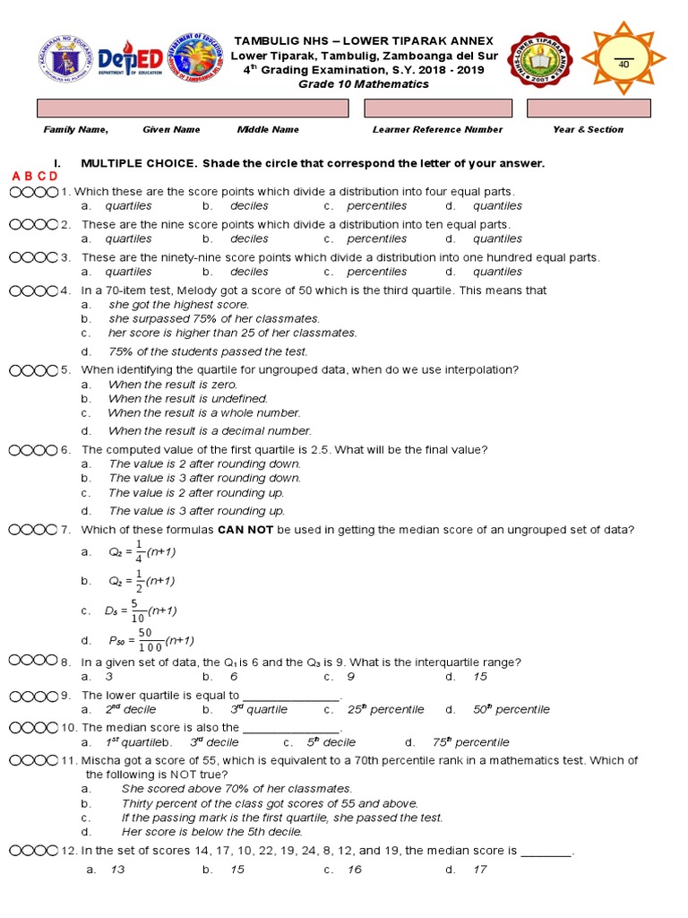 Grade 10 Math Exam 4th | PDF | Percentile | Quantile
