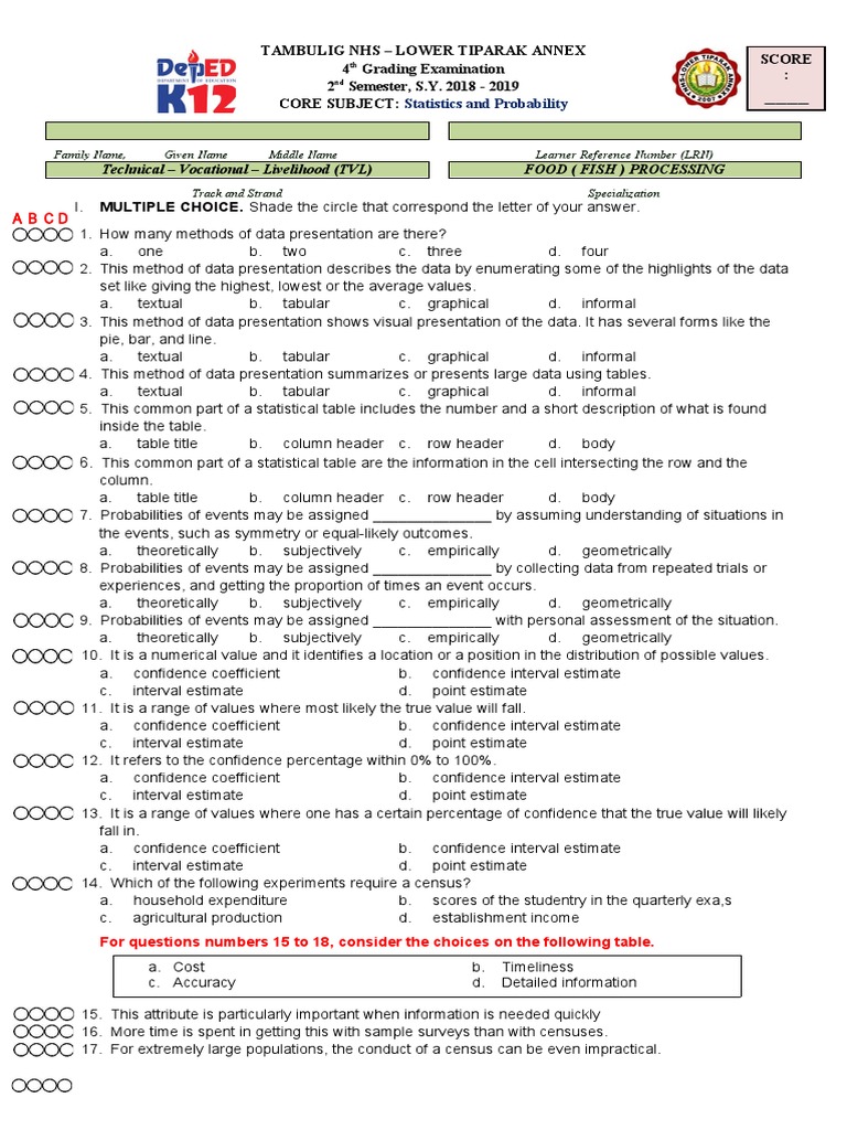 Stat & Prob 11 Exam 4th FINAL | PDF | Sampling (Statistics ...