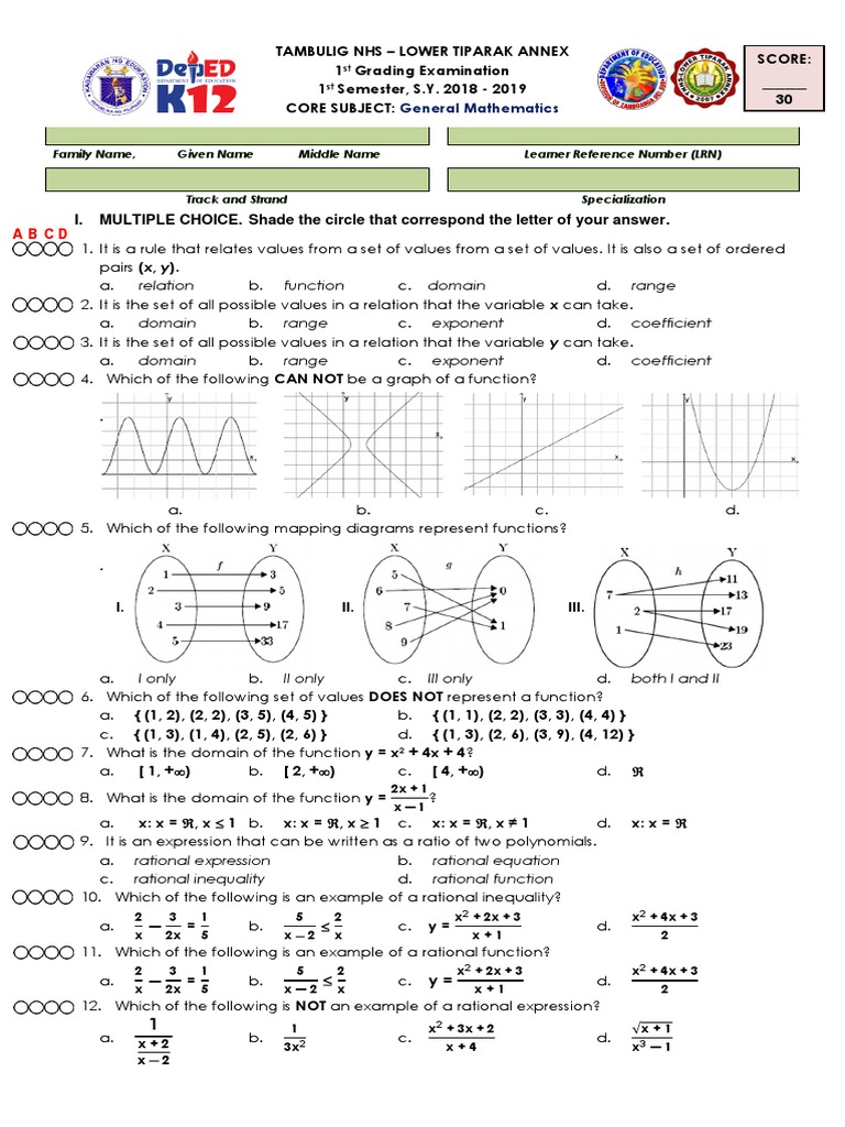 Gen Math 11 Exam 1st FINAL PDF | PDF | Exponentiation | Function ...